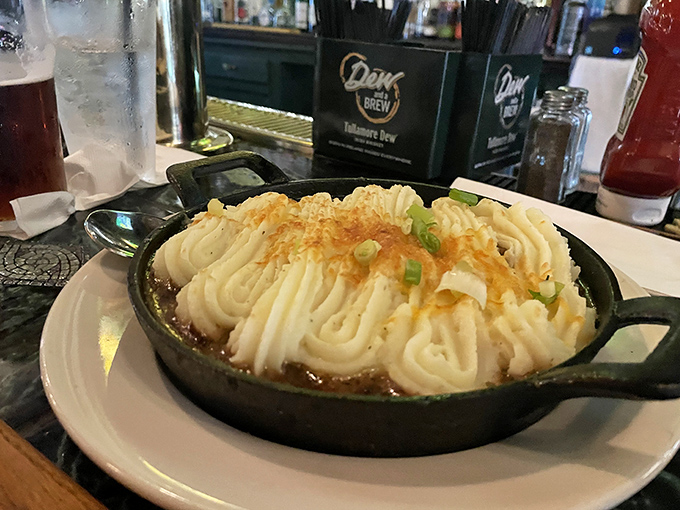 Shepherd's pie arrives in its own cast iron skillet, the mashed potato peaks browned to perfection&mdash;comfort food that speaks with an Irish brogue.