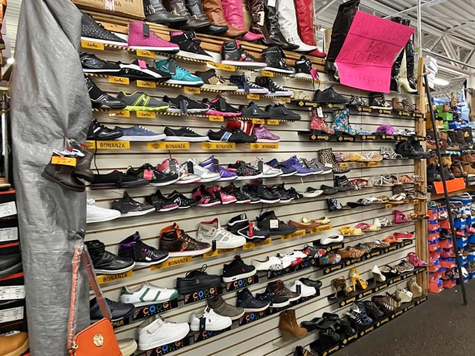 Sneaker heaven for footwear aficionados. This wall of shoes offers everything from practical walking partners to statement pieces that scream "look at my feet!"