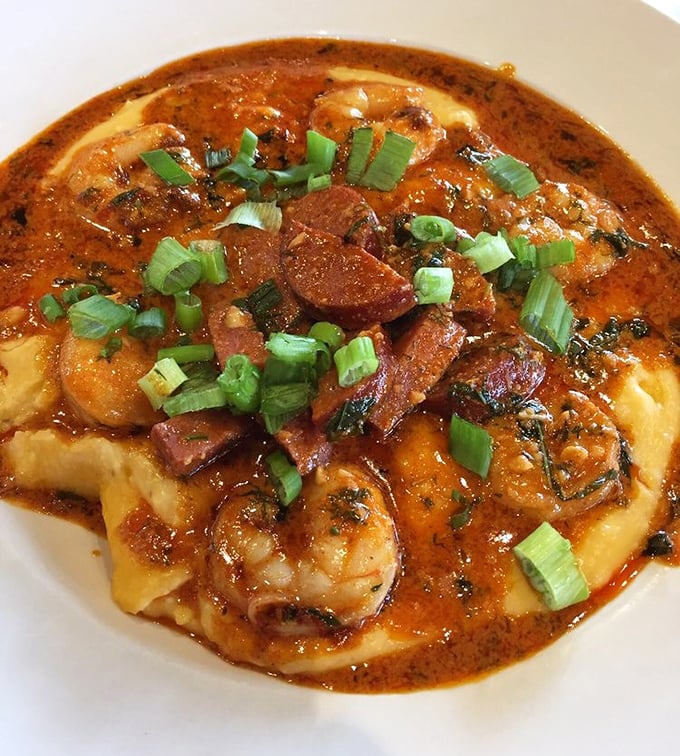 Shrimp and grits that would make a Lowcountry chef weep with joy. The andouille sausage adds a spicy exclamation point to this Southern classic.