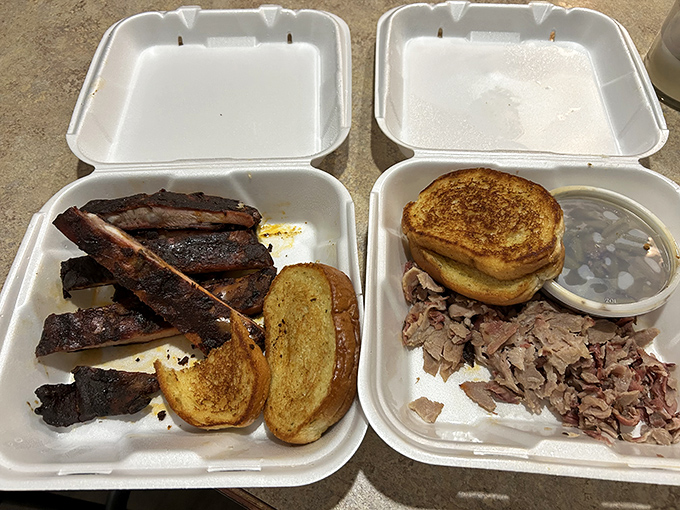 The to-go container that launched a thousand road trips. Two slices of toast, because someone understood that sauce this good deserves a proper vehicle.