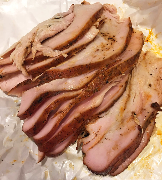 Sliced turkey that actually makes you forget Thanksgiving dinner. Moist, smoky, and proof that poultry deserves respect in the BBQ universe.