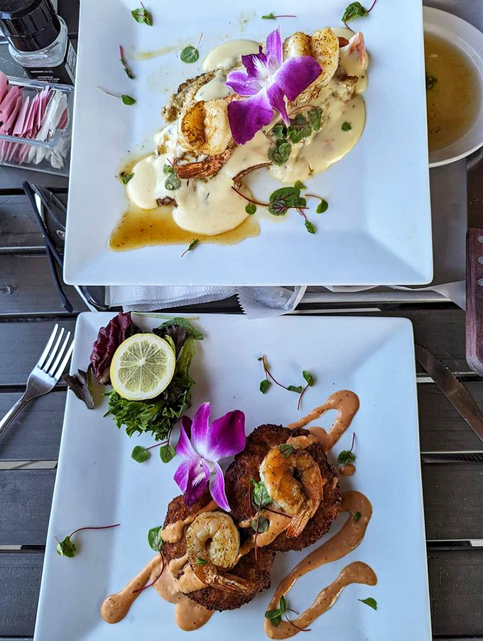 When seafood meets artistry&mdash;perfectly seared fish nestled on a cloud of cream sauce with that purple orchid saying, "Yes, this is special occasion food."