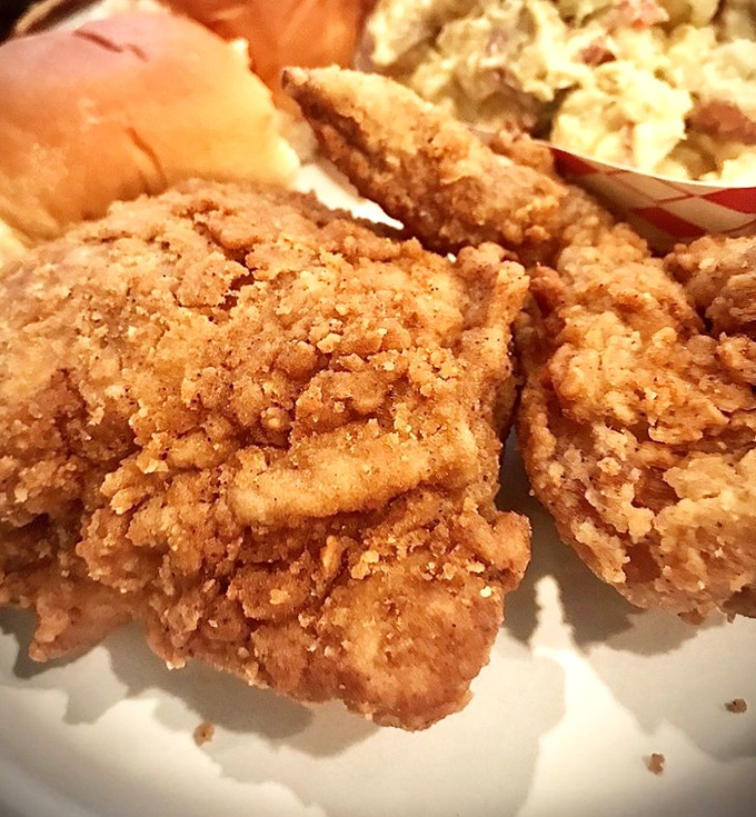 Southern fried chicken with a crust so perfect it deserves its own Instagram account. Audibly crunchy on the outside, miraculously juicy within.