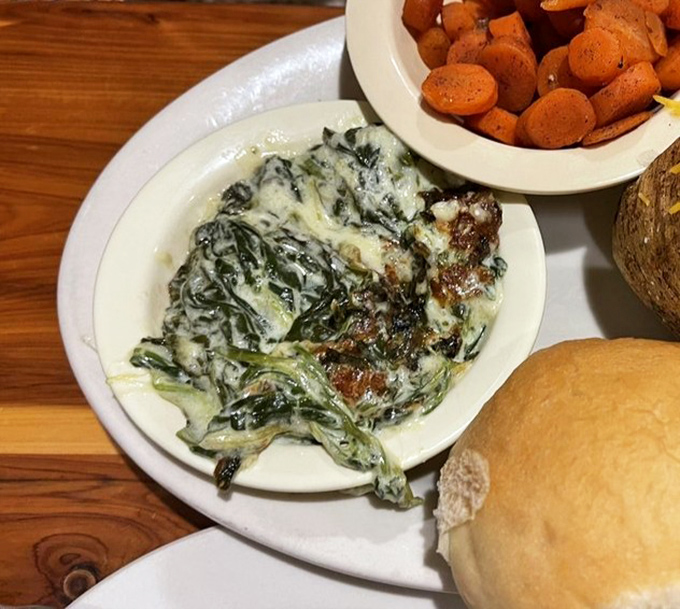 Creamy spinach casserole that would make Popeye weep with joy, paired with carrots that actually make you want to eat your vegetables.