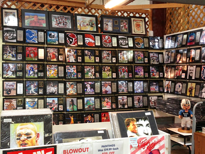 A wall of sports memories where fans can find their heroes immortalized. Somewhere in this collection is the exact piece missing from your den.
