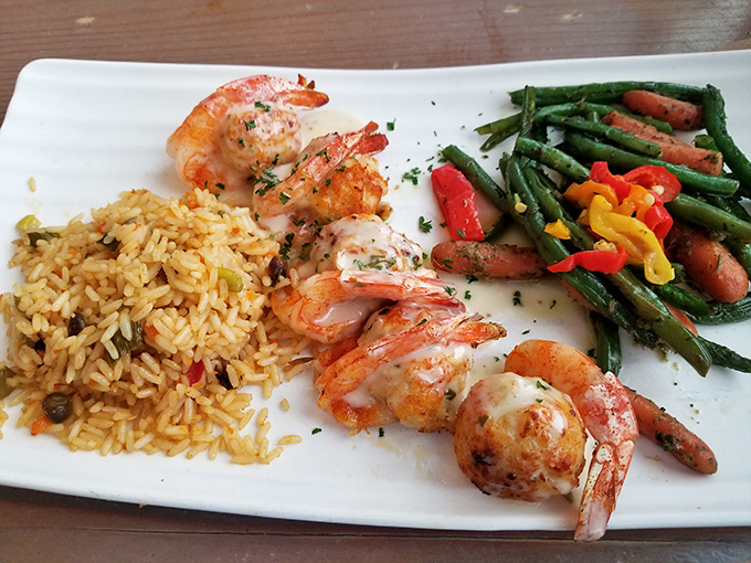Grilled shrimp that practically snap with freshness, paired with rice that soaked up all the good stuff.