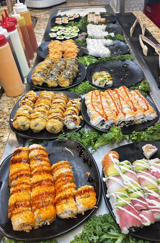 Sushi that defies buffet expectations &ndash; fresh, colorful, and arranged with care. No sad, dried-out rolls here, folks.