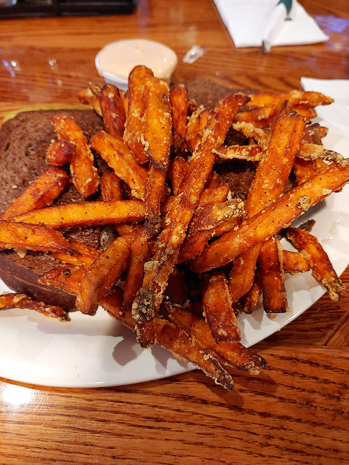 Sweet potato fries that look like they've been kissed by the gods of crispiness. That dark pumpernickel bread is the perfect canvas for sandwich artistry.