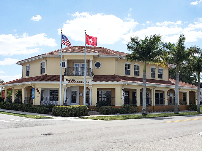 The Swiss Connection building flies both American and Swiss flags, proving that neutrality pairs perfectly with Southern hospitality and possibly chocolate.
