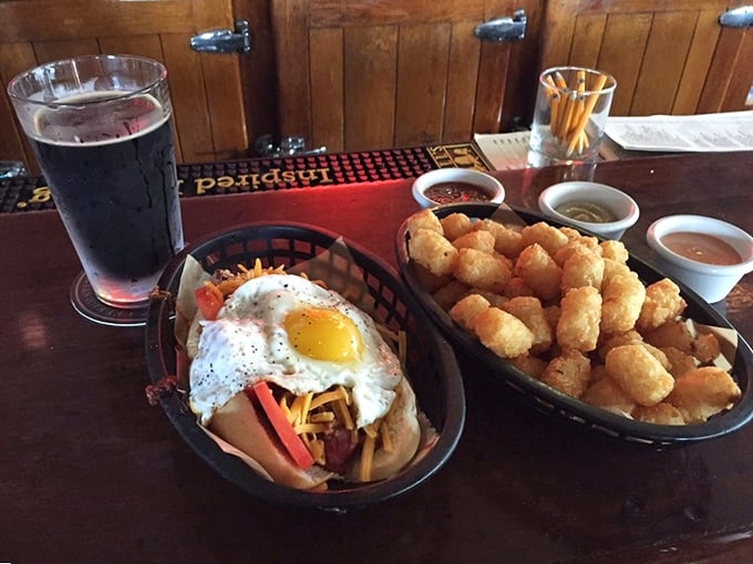 The perfect marriage: a sunny-side-up egg crowning a hot dog alongside golden tater tots. Breakfast meets lunch in a romance for the ages.
