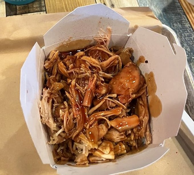 Pulled pork perfection in a box&mdash;tender strands of smoky goodness swimming in sauce that would make even the most hardened BBQ critic weep with joy.