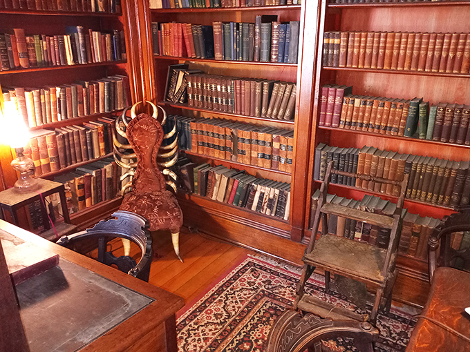 A bibliophile's paradise where leather-bound books line floor-to-ceiling shelves. That chair isn't just furniture&mdash;it's a time machine to literary adventures.