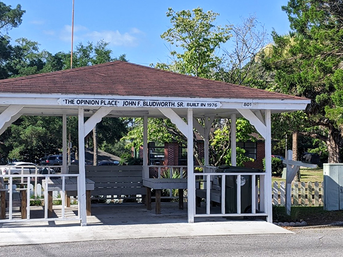 "The Opinion Place" gazebo&mdash;where small-town debates have unfolded for generations. Democracy in action, with better seating arrangements.