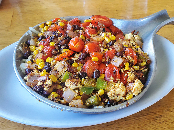 Vibrant colors explode from this hearty skillet &ndash; proof that Fort Jesse Cafe knows vegetables deserve the same respect as their meaty counterparts.
