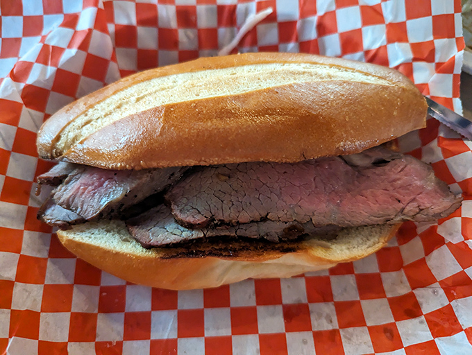 The legendary tri-tip sandwich&mdash;simple yet profound. Perfectly pink meat on a fresh roll that's caused more motorcycle detours than any road sign.