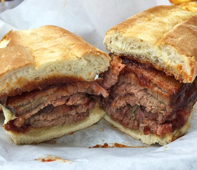 The legendary tri-tip sandwich in all its glory &ndash; pink in the middle, charred at the edges, and worth every mile driven.