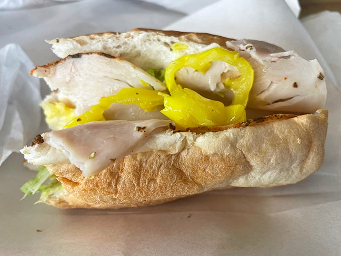 The famous turkey sub in all its glory &ndash; layers of thinly sliced turkey with banana peppers that add just the right zing.