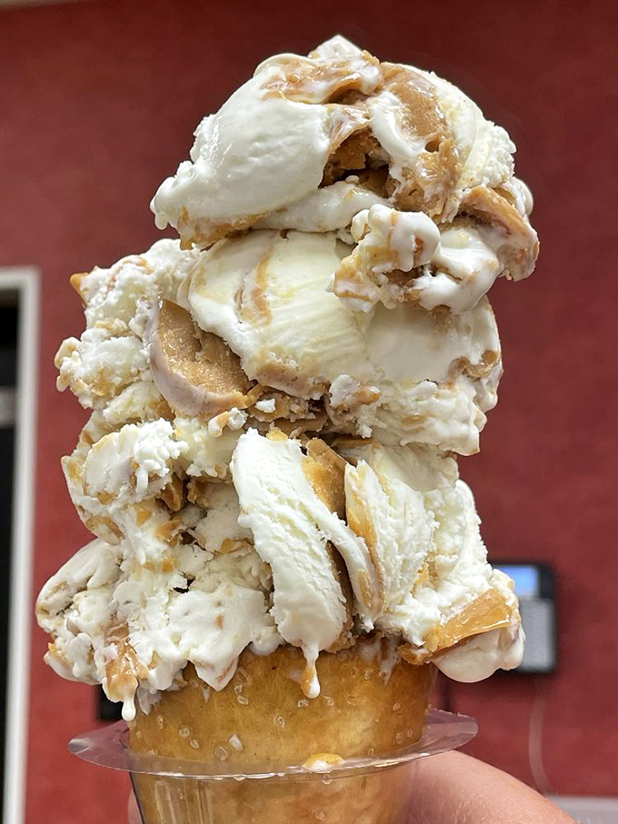 This vanilla peanut butter tower isn't just ice cream &ndash; it's architecture. Frank Lloyd Wright would weep at its structural perfection.