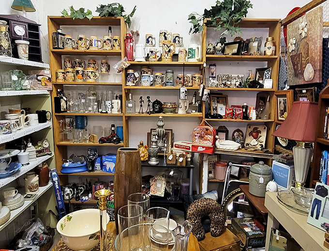 Every shelf tells a story in this booth, where decades of American domesticity are displayed with the chaotic precision of a beautiful mind.