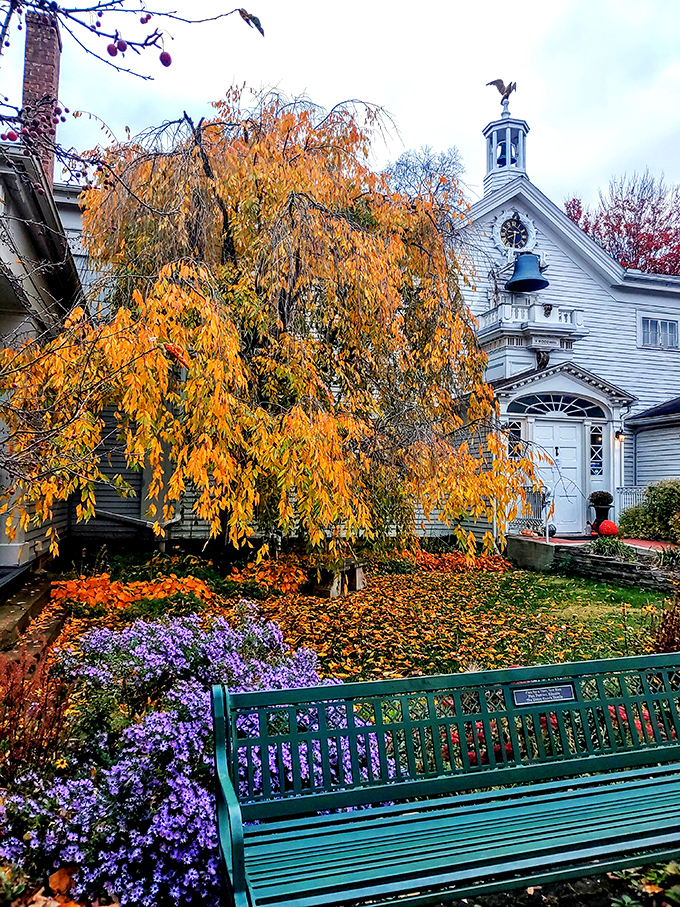 Autumn's golden canvas frames this white church, where a turquoise bench offers the perfect spot for contemplating fall's fleeting beauty.