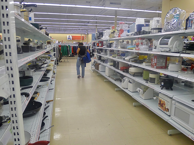 The housewares aisle &ndash; where someone else's abandoned bread machine becomes your next culinary adventure waiting to happen.
