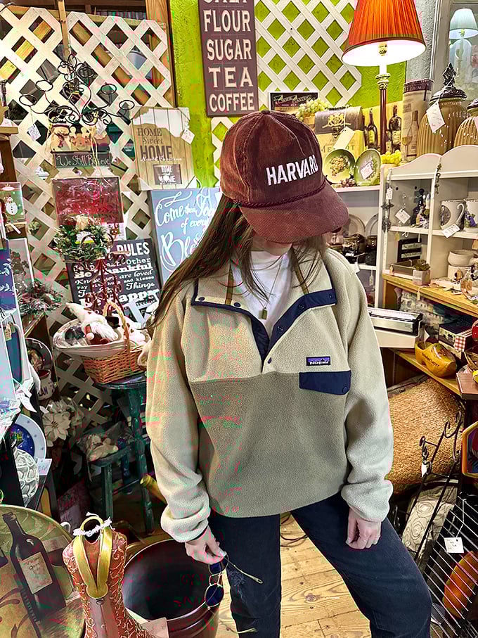 Fashion finds aren't just affordable&mdash;they're statement pieces. That Patagonia fleece and Harvard cap combo? Pure thrift store gold.