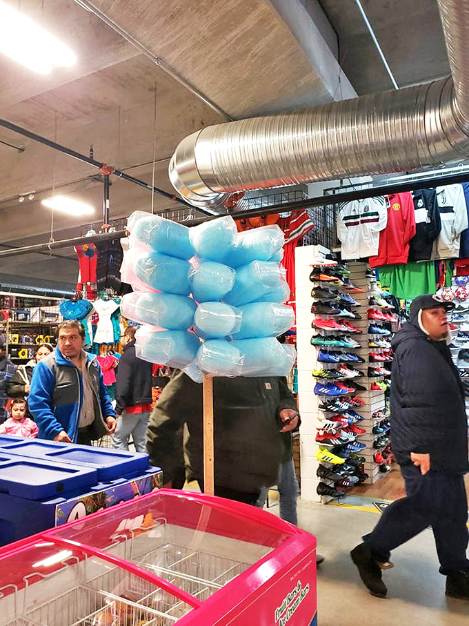 Cotton candy blue meets sneaker rainbow &ndash; the market's unexpected juxtapositions are half the fun of the treasure hunt.