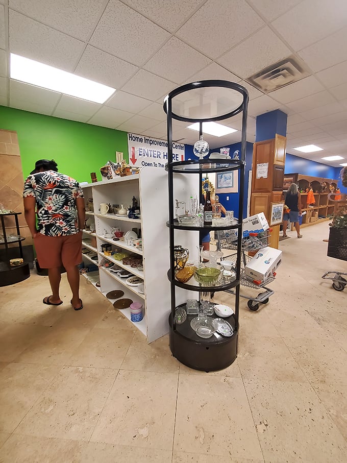 The Home Improvement Center beckons with shelves of kitchen treasures. That circular display stand could hold your grandmother's china or tomorrow's breakfast dishes.