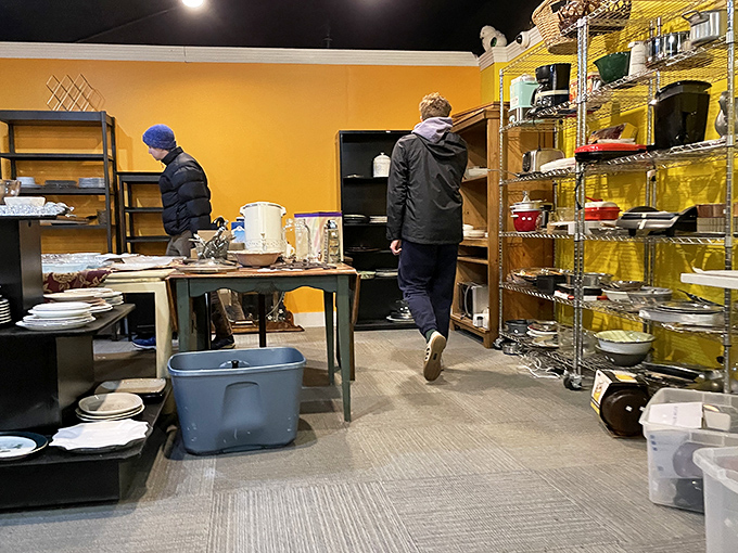 Treasure hunters navigate the kitchenware section, where yesterday's Pyrex and tomorrow's dinner parties await their perfect match.