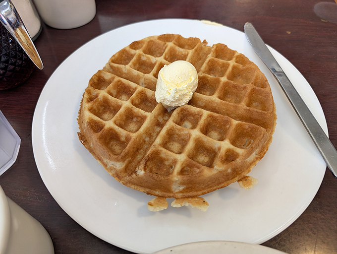 A perfect Belgian waffle with a dollop of butter standing sentry in the center, waiting patiently for its syrup baptism.
