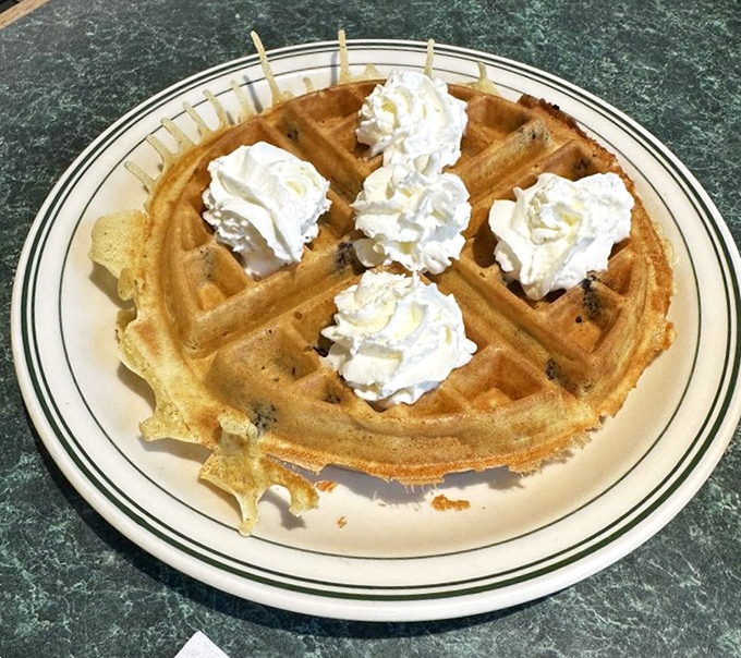 Golden waffle perfection crowned with whipped cream dollops. Those grid indentations weren't designed by accident—they're butter and syrup reservoirs engineered by breakfast geniuses.