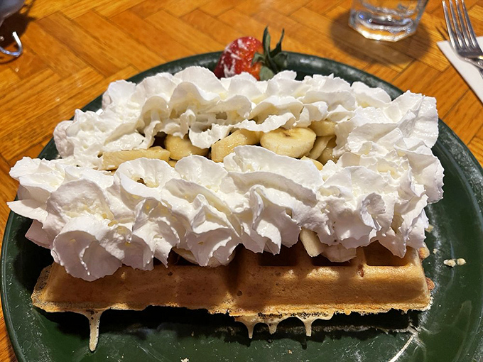 This Belgian waffle comes dressed for success with a mountain of whipped cream that would make the Alps jealous.