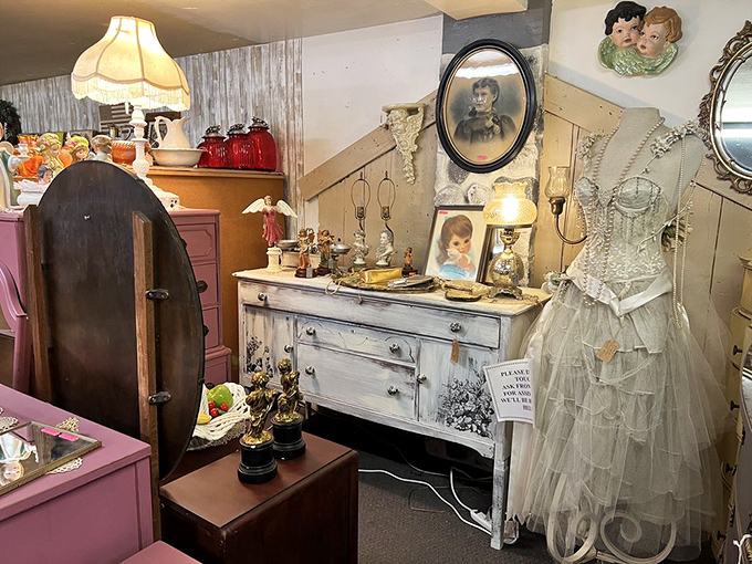 Not just a wedding dress, but a time capsule of elegance. Someone said "I do" surrounded by these pearls and lace &ndash; now it waits for a new story.