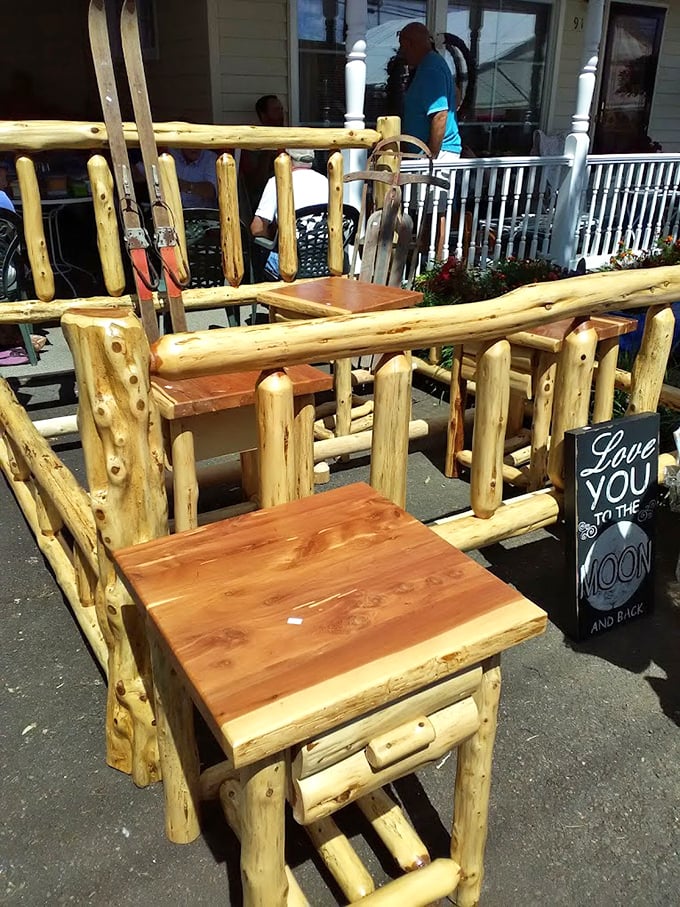 Rustic log furniture that whispers "mountain cabin dreams" with every hand-hewn curve and natural wood grain.