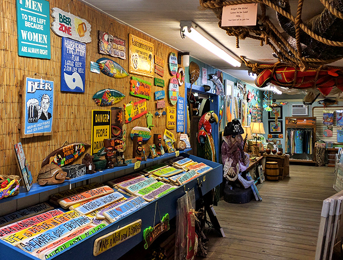 Beach house wisdom and tiki bar philosophy line these walls. Nothing says "Florida living" quite like a sign reminding you that beer tastes better near water.