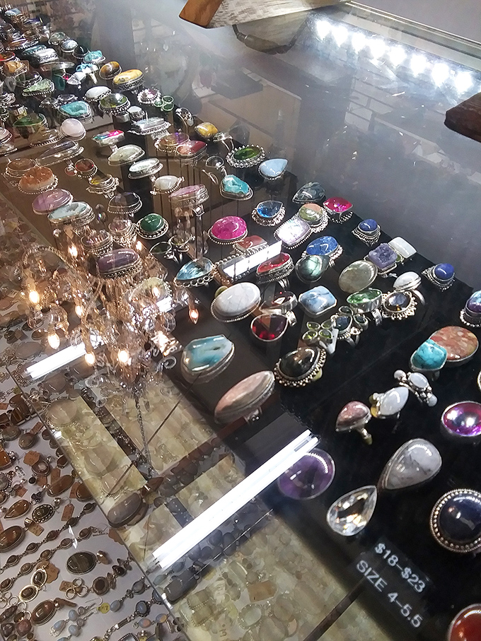 Gemstone jewelry sparkles under display lights, each piece promising to be that perfect conversation starter at your next neighborhood potluck.