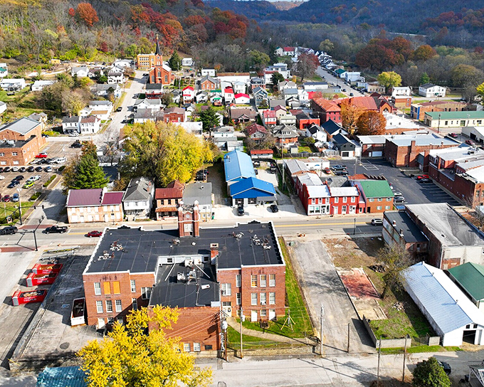 From above, Ripley reveals itself as a perfect patchwork of history, community, and natural beauty nestled against the river's curve.