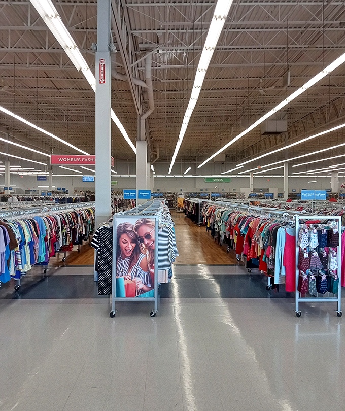 Women's fashion section: where vintage dreams and contemporary steals live in perfect harmony. The color-coded racks make finding your style surprisingly easy.
