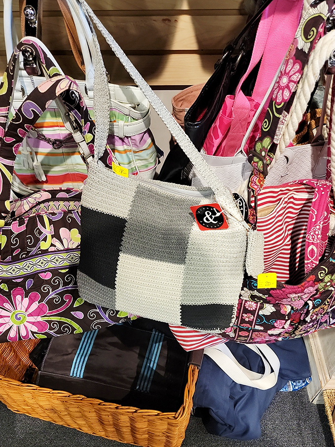 Bag heaven exists in North Wales! This colorful collection of purses, totes, and carryalls proves one shopper's castoff is another's fashion statement.