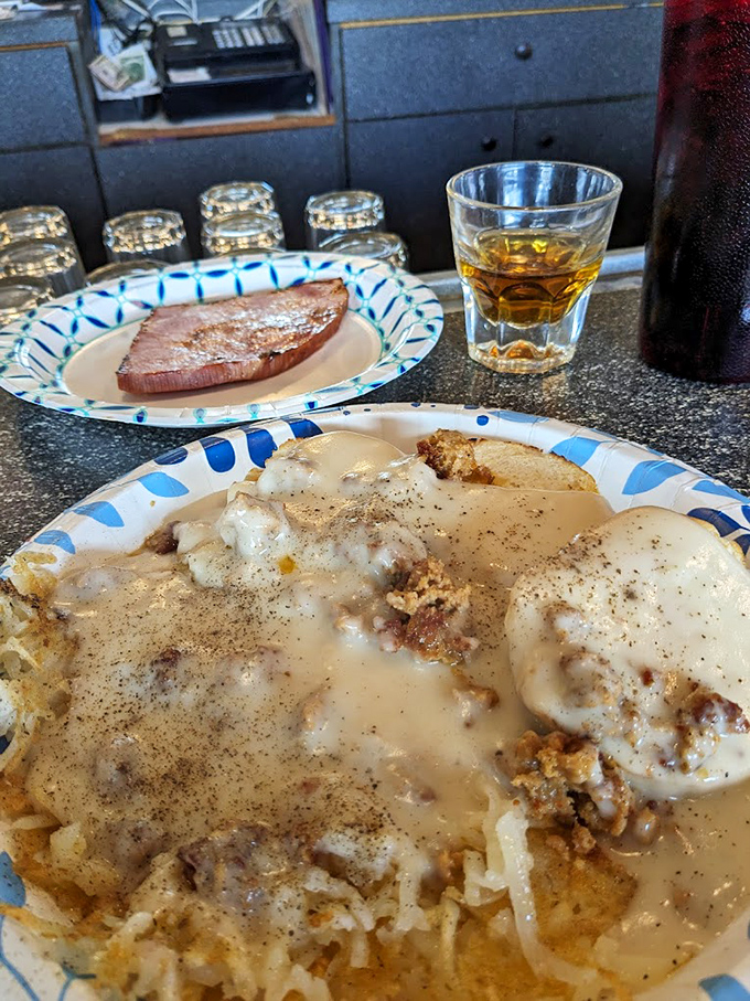 Biscuits and gravy with a side of ham &ndash; the kind of breakfast that makes you want to cancel your plans and declare today a personal holiday.