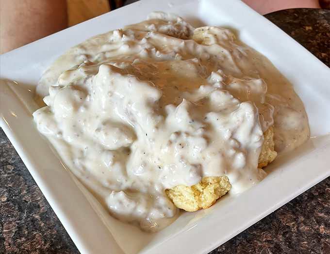 Biscuits and gravy that would make your grandmother both jealous and proud. Cloud-like biscuits practically floating in savory gravy &ndash; resistance is futile.