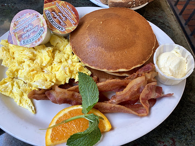 When pancakes meet bacon and eggs, breakfast dreams become delicious reality on your plate.