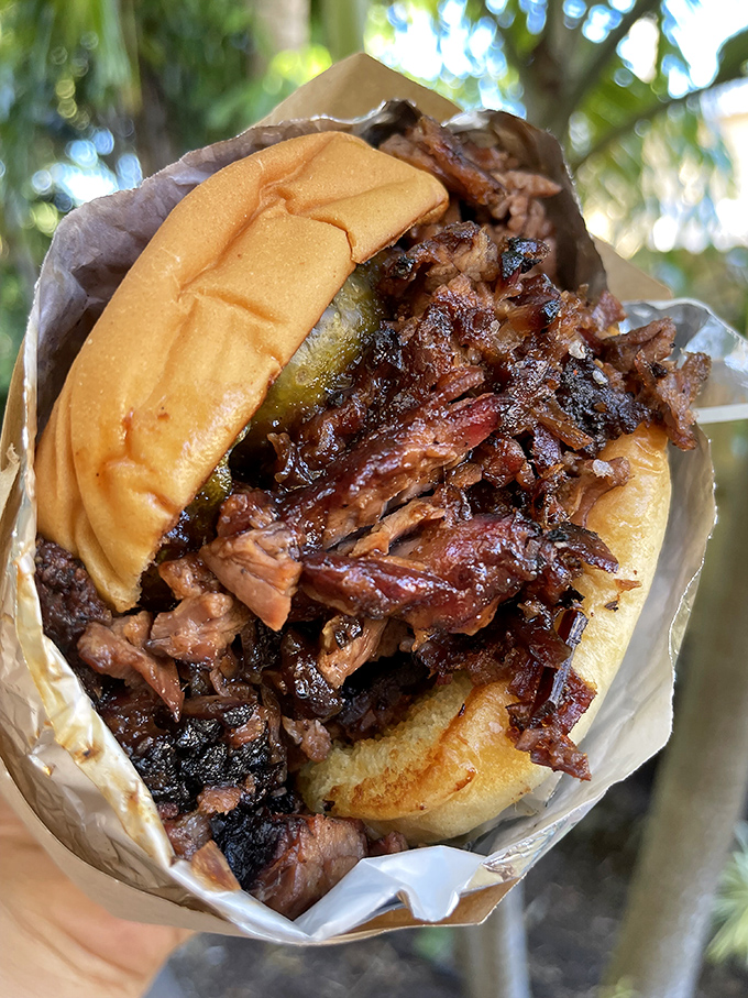 Behold the brisket sandwich in its natural habitat&mdash;a soft bun cradling bark-crusted meat that's spent hours communing with smoke. This is what patience tastes like.