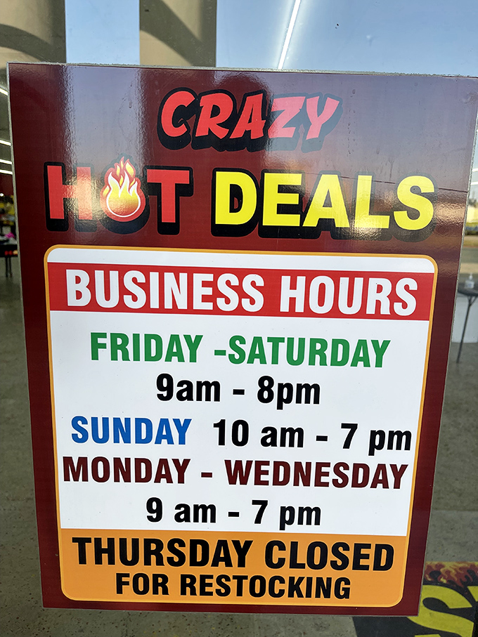 The store's business hours read like a countdown to savings&mdash;each day bringing lower prices until Thursday's reset button.