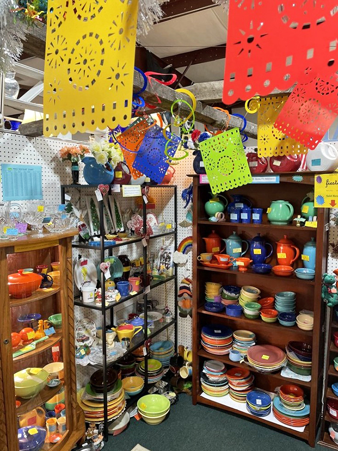 Fiesta ware heaven! A rainbow of vintage dishes proves that mid-century Americans believed dinner should be as colorful as the conversation around it.