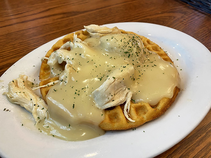 Chicken and waffles, Pennsylvania style! That golden waffle cradles tender chicken beneath a blanket of gravy that's practically tucking it in for a nap.