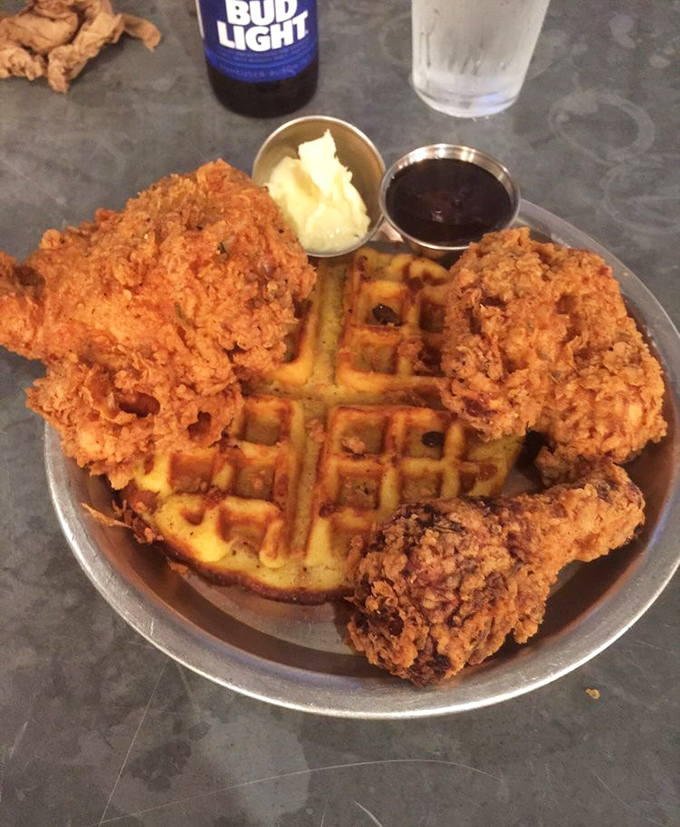 Chicken and waffles: where breakfast and dinner collide in a crispy, golden harmony that makes you question why we ever separated them in the first place.