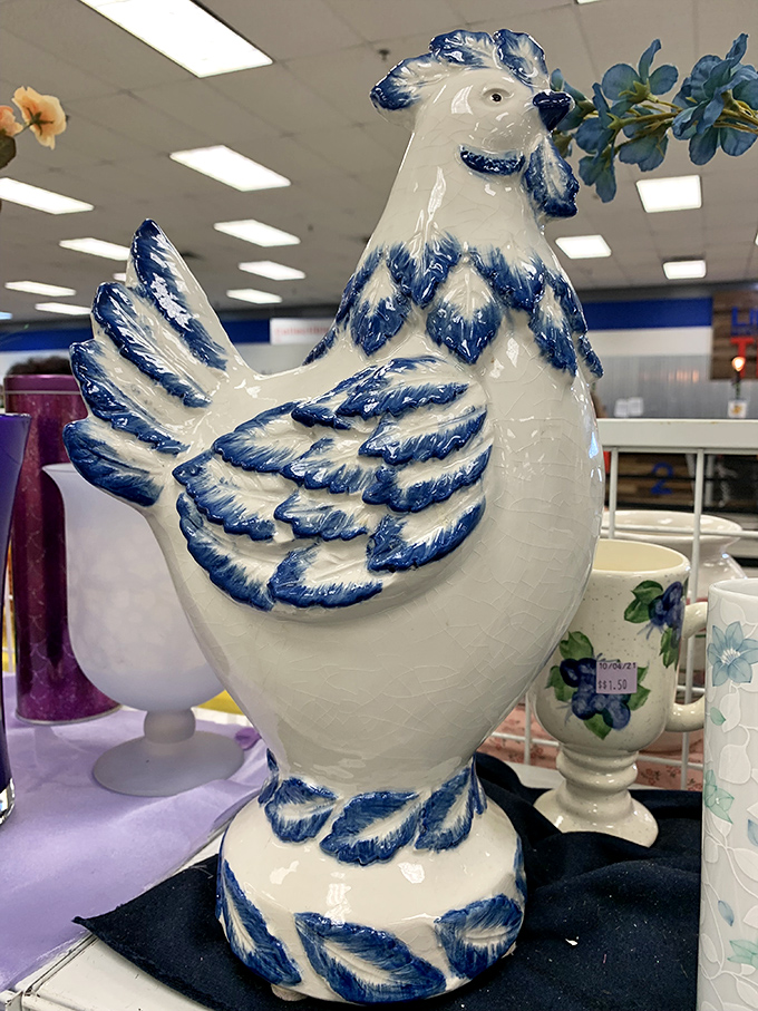 This blue and white ceramic rooster isn't just kitchen decor&mdash;it's the conversation starter your dining room has been craving, ready to rule your countertop roost.