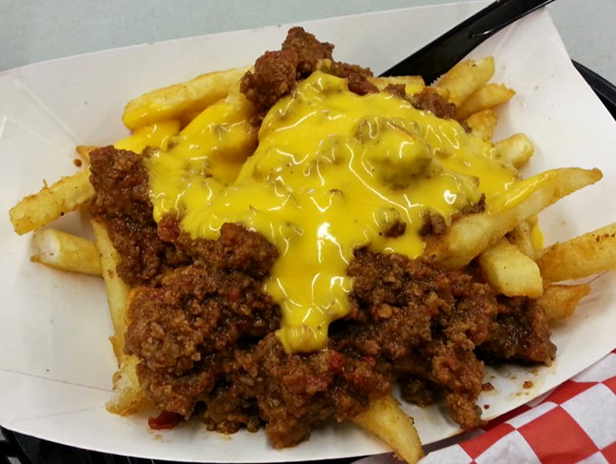 Chili cheese fries that require both a fork and a commitment. The cheese-to-chili ratio here is what mathematicians call "the golden delicious proportion."