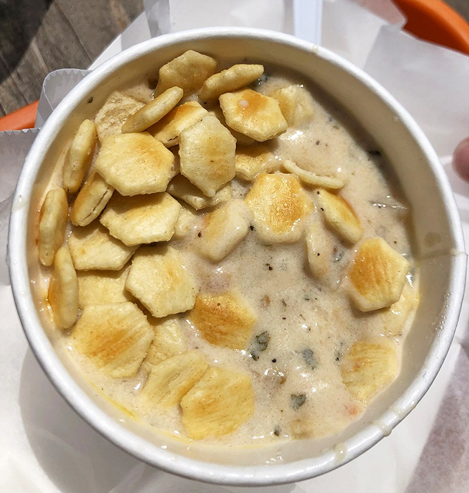 The legendary white clam chowder, topped with oyster crackers that float like little life rafts on a sea of creamy perfection.